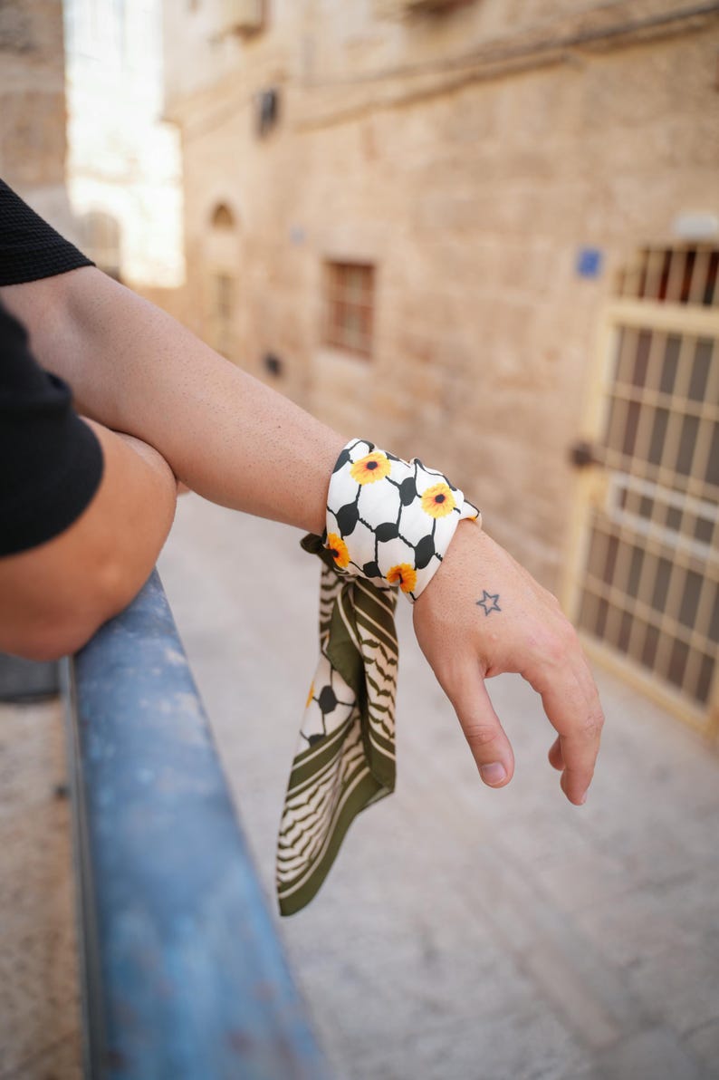 Kufiya Bandana From Palestine | Olive With Floral Print | Satin Scarf ...