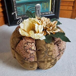 Fabric Pumpkin Cottage Core Style With Dark Floral Vintage Silver Stem ...