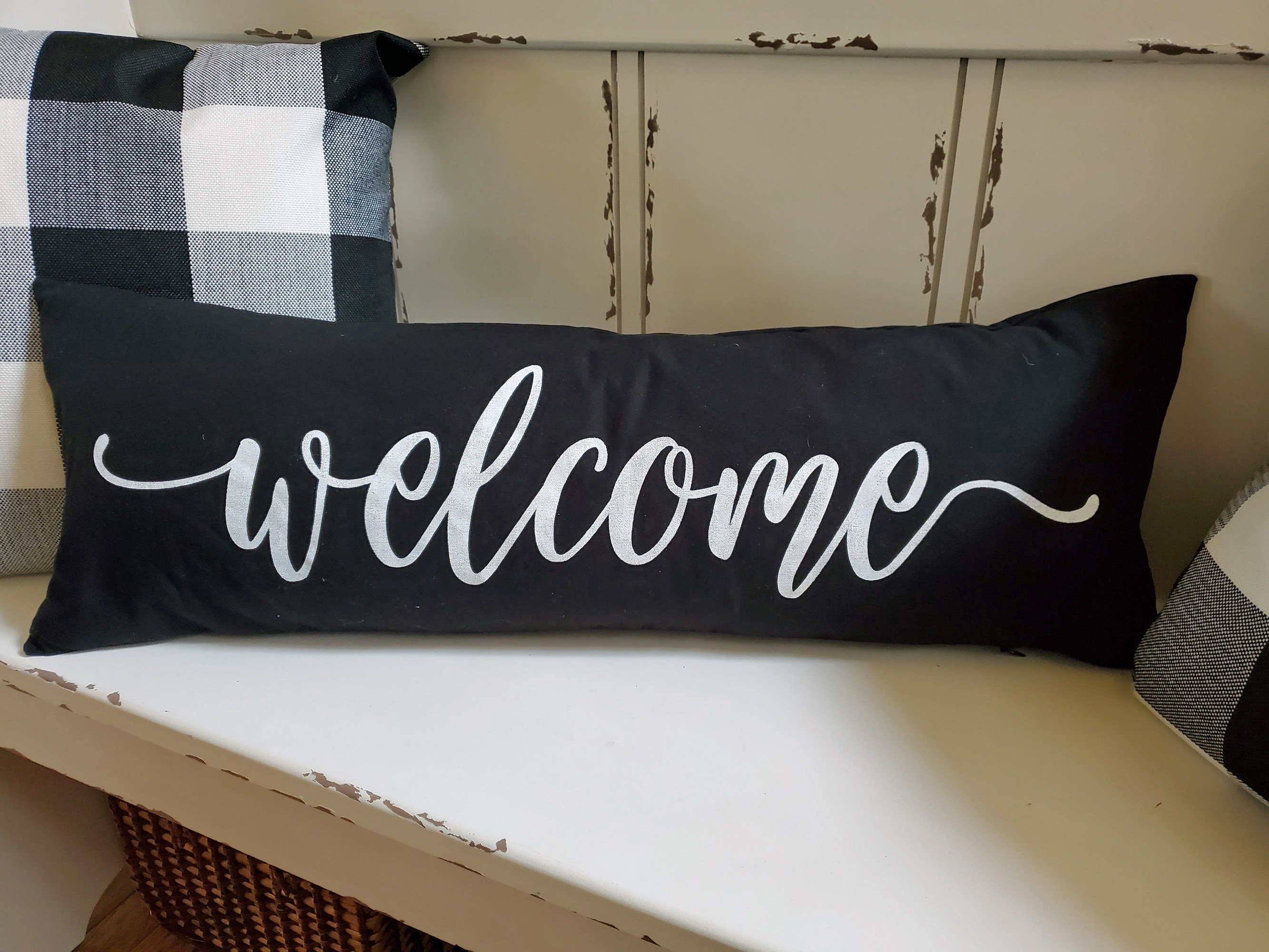 Welcome Pillow Lumbar Bench Long Narrow Cushion Handmade Hand - Etsy