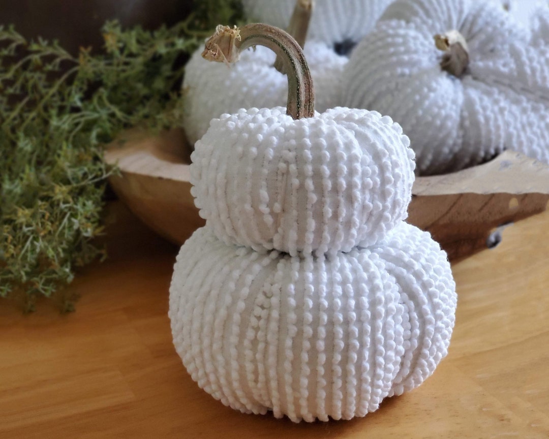 Vintage White Chenille Fabric Pumpkin Stack Real Dried Stem Farmhouse ...