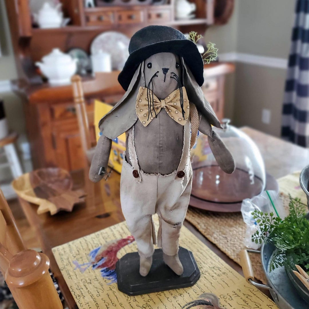 Handmade Primitive Folk Art Bunny Collector Rabbit Doll With Carrot Bag ...