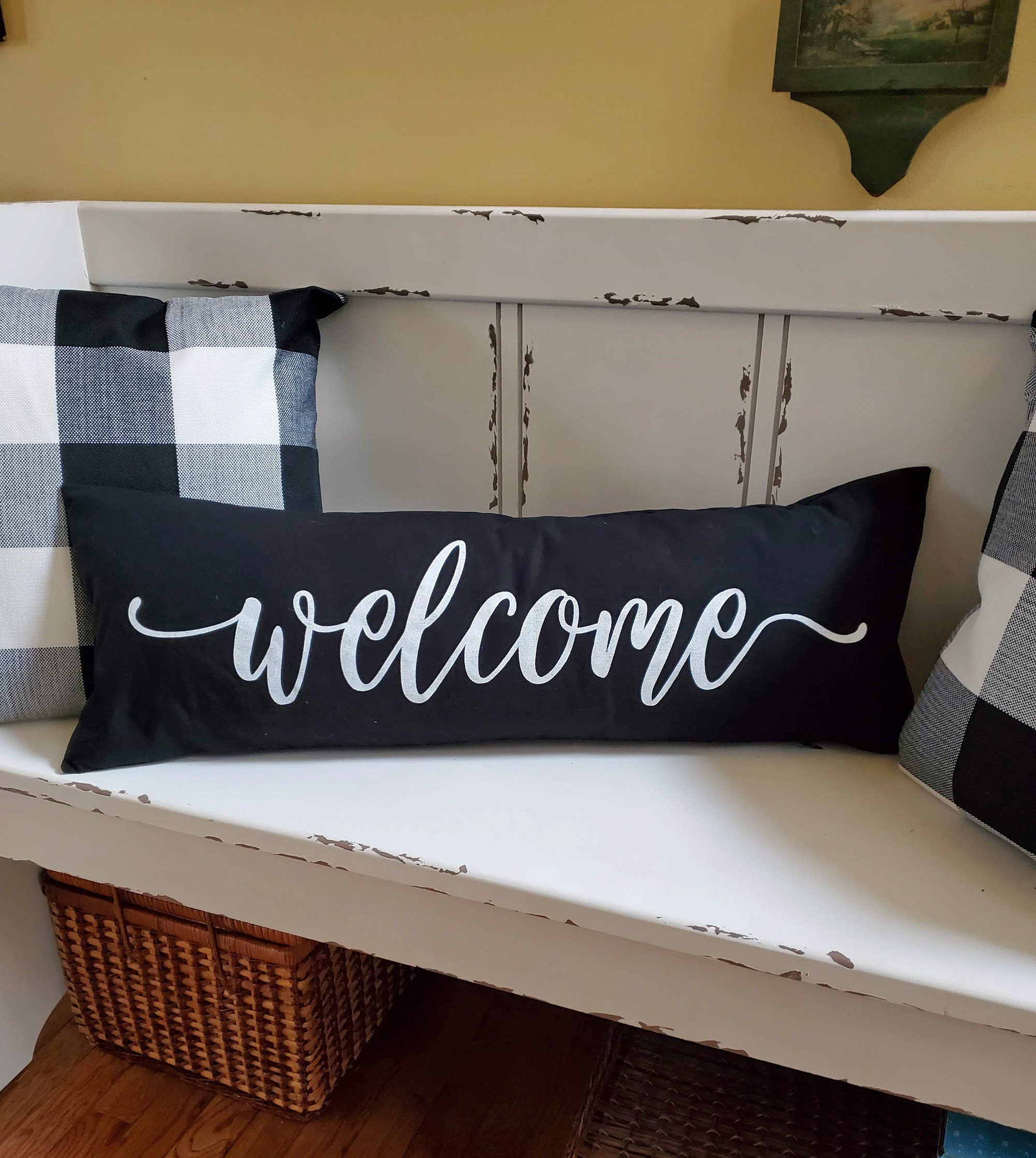Welcome Pillow Lumbar Bench Long Narrow Cushion Handmade Hand - Etsy
