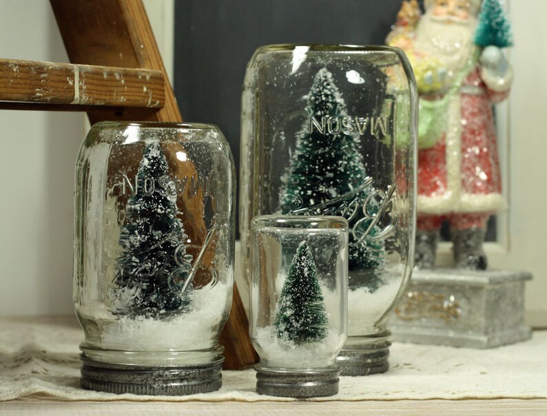 3 Ball Mason Jar Dry Snow Globe Bottlebrush Tree - Etsy