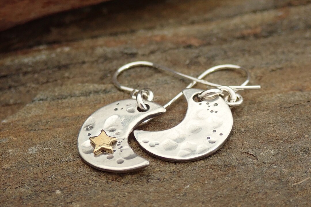 Handcrafted Sterling Crescent Moon Earrings: Brass Star Rivet ...