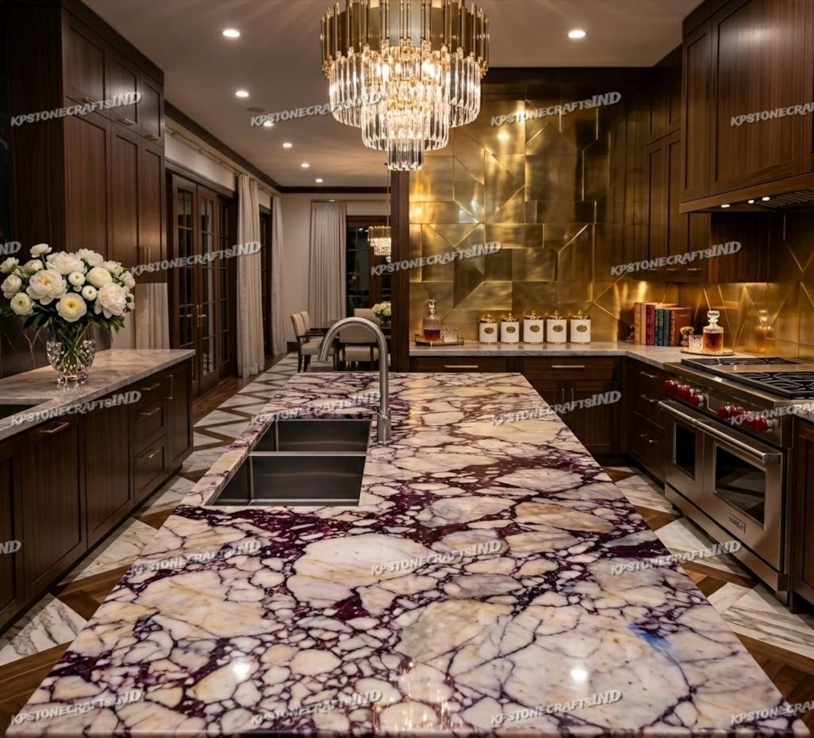 Custom Calacatta Viola Marble Kitchen Island, Luxury Purple Vein ...
