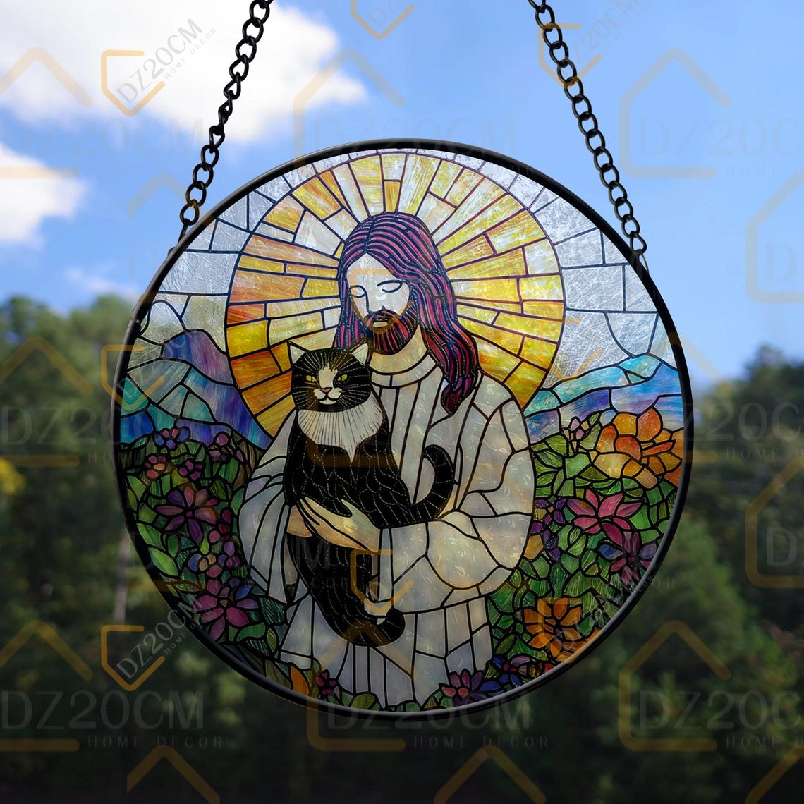 Jesus Christ Hugging A Cat Stained GLASS Suncatcher, God Window Hanging ...