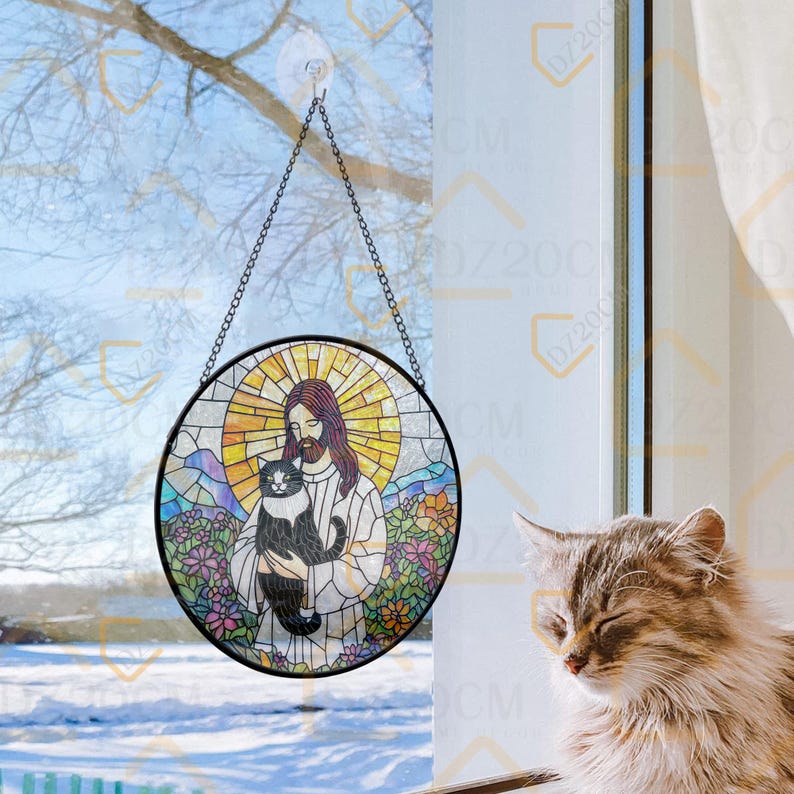 Jesus Christ Hugging A Cat Stained GLASS Suncatcher, God Window Hanging ...