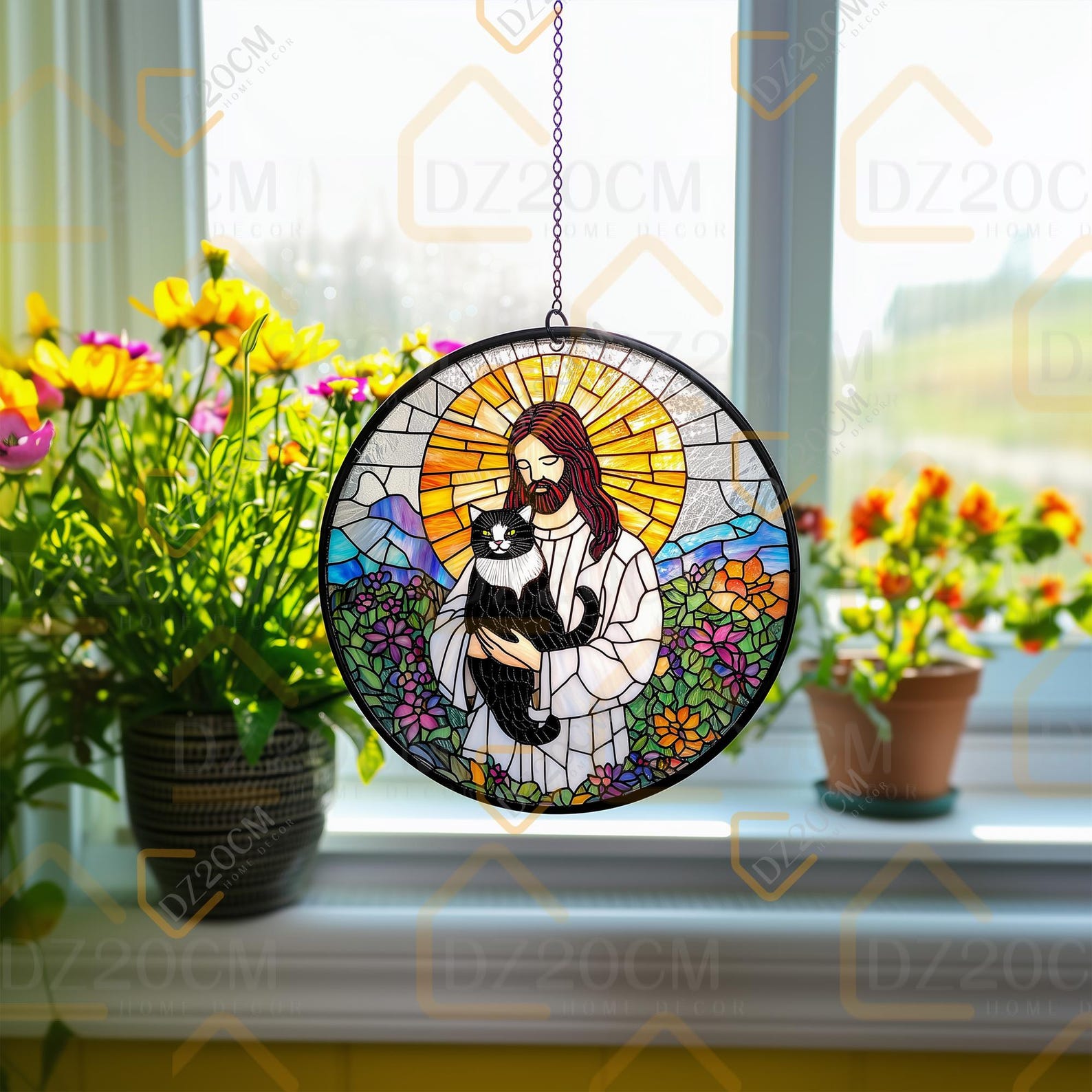 Jesus Christ Hugging A Cat Stained GLASS Suncatcher, God Window Hanging ...