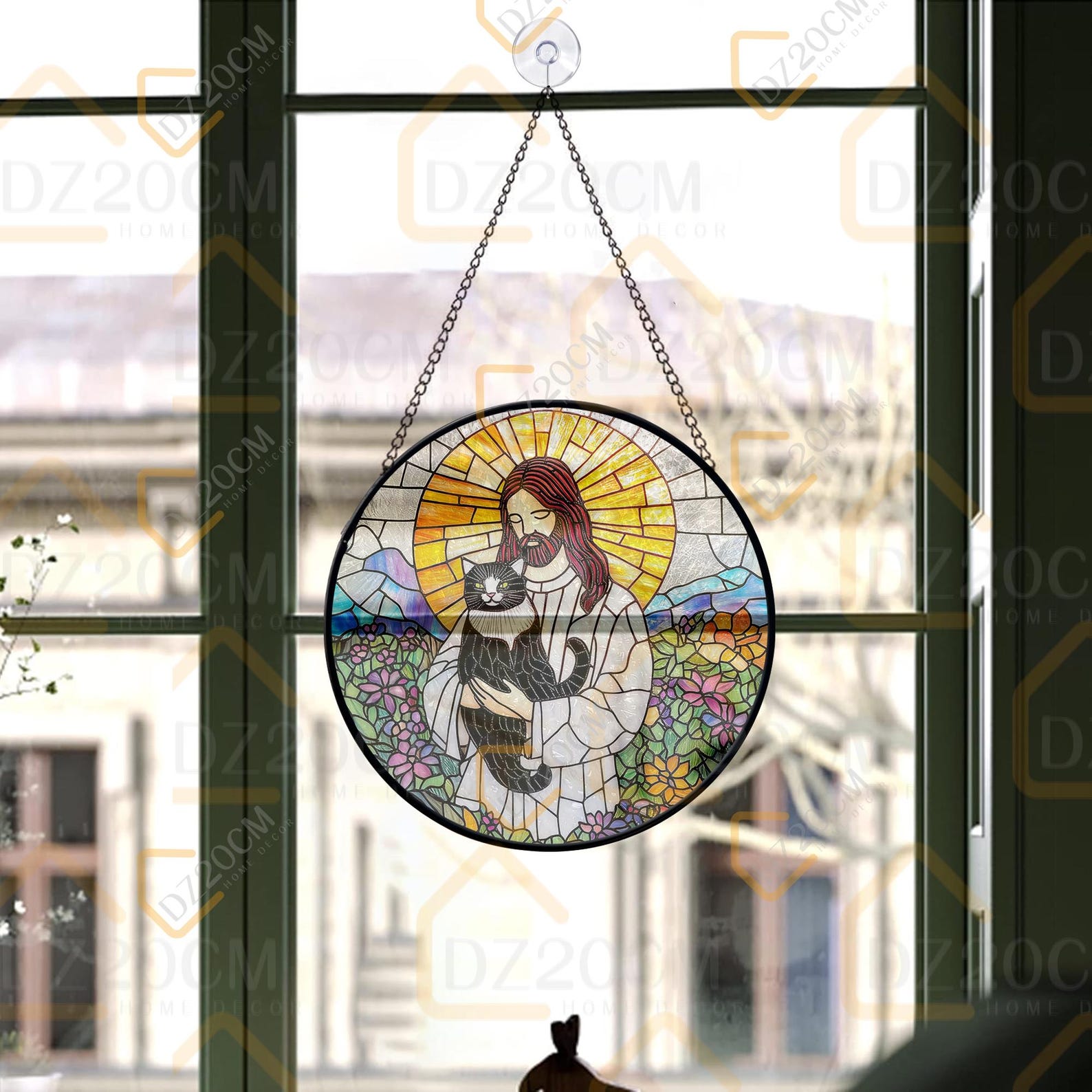 Jesus Christ Hugging A Cat Stained GLASS Suncatcher, God Window Hanging ...