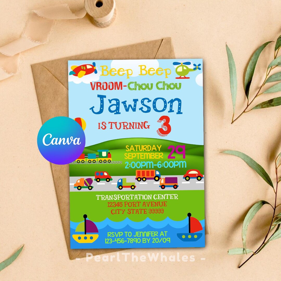Editable Transportation Birthday Invitation: Vehicle Party (canva ...