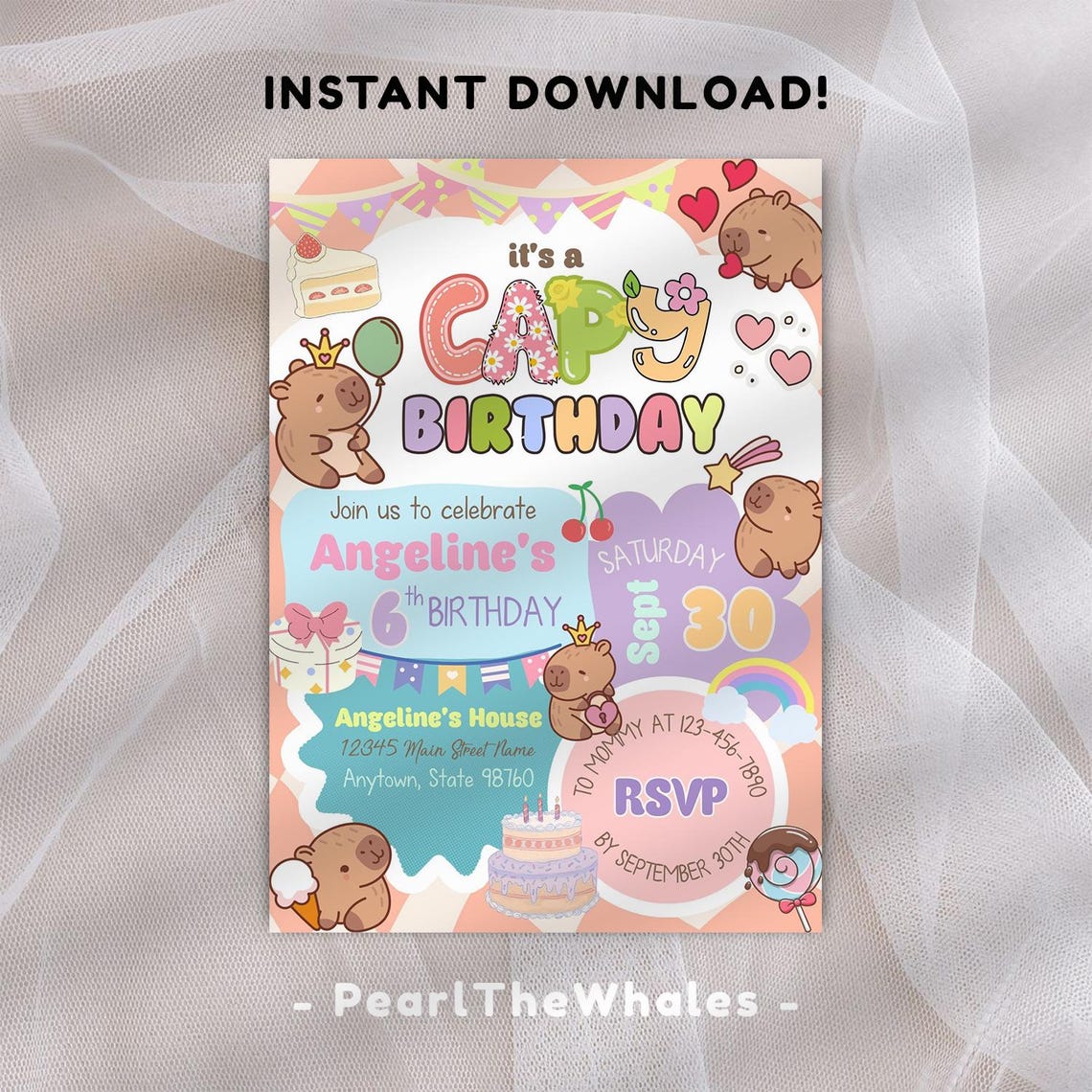 Capybara Birthday Invitation, Editable Cute Pink Capy Birthday Girl ...