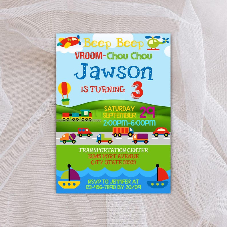 Editable Transportation Birthday Invitation: Vehicle Party (canva ...