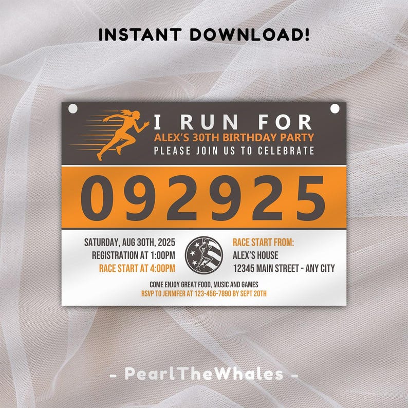 Running Bib Birthday Invitation: Marathon Theme, DIY Printable (canva ...