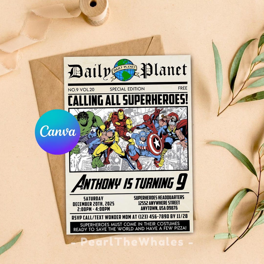 Superhero Newspaper Birthday Invitation Template (canva Editable) - Etsy