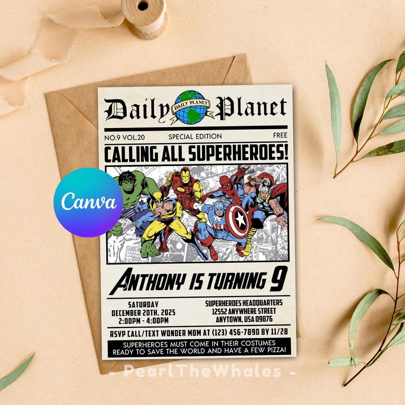 Superhero Newspaper Invitation - Etsy