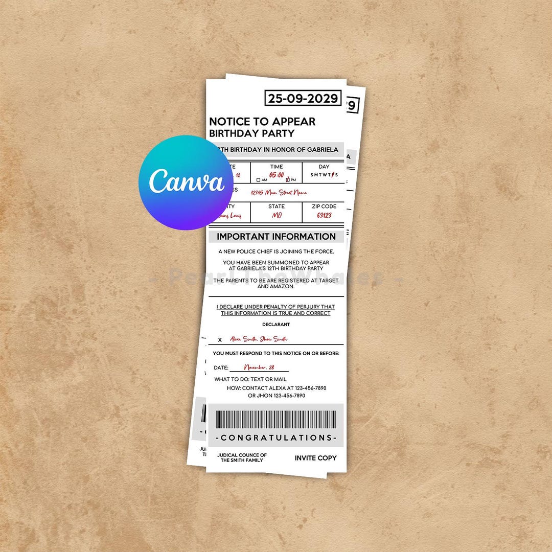 Editable Police Ticket Birthday Invitation: Canva Template (digital ...
