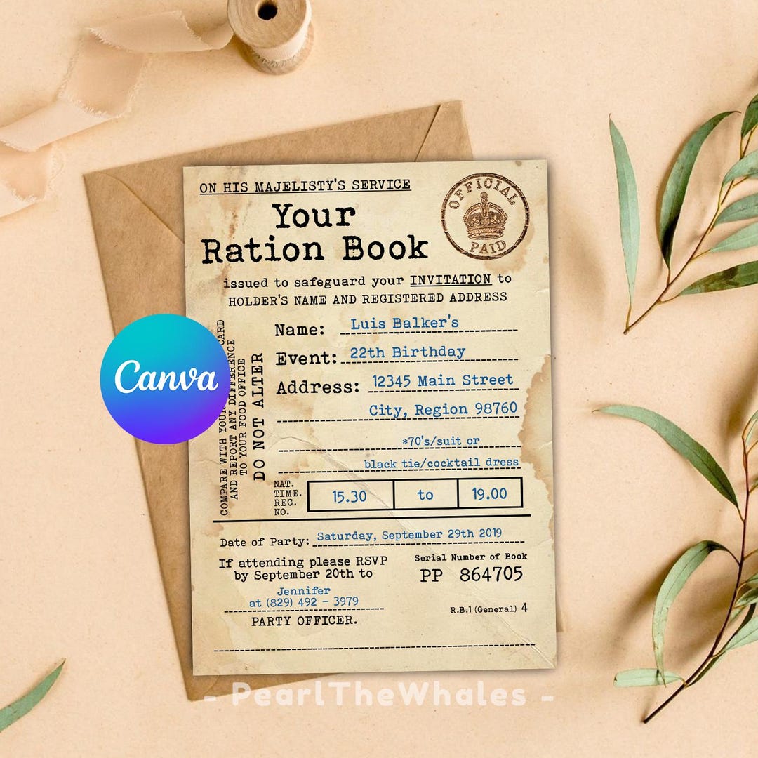 1940s Ration Book Invitation Template: Vintage WWII Birthday (canva ...