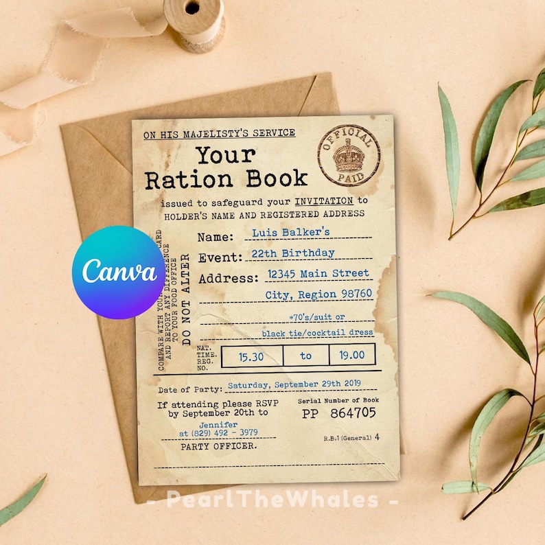 1940s Ration Book Invitation Template: Vintage WWII Birthday (canva ...