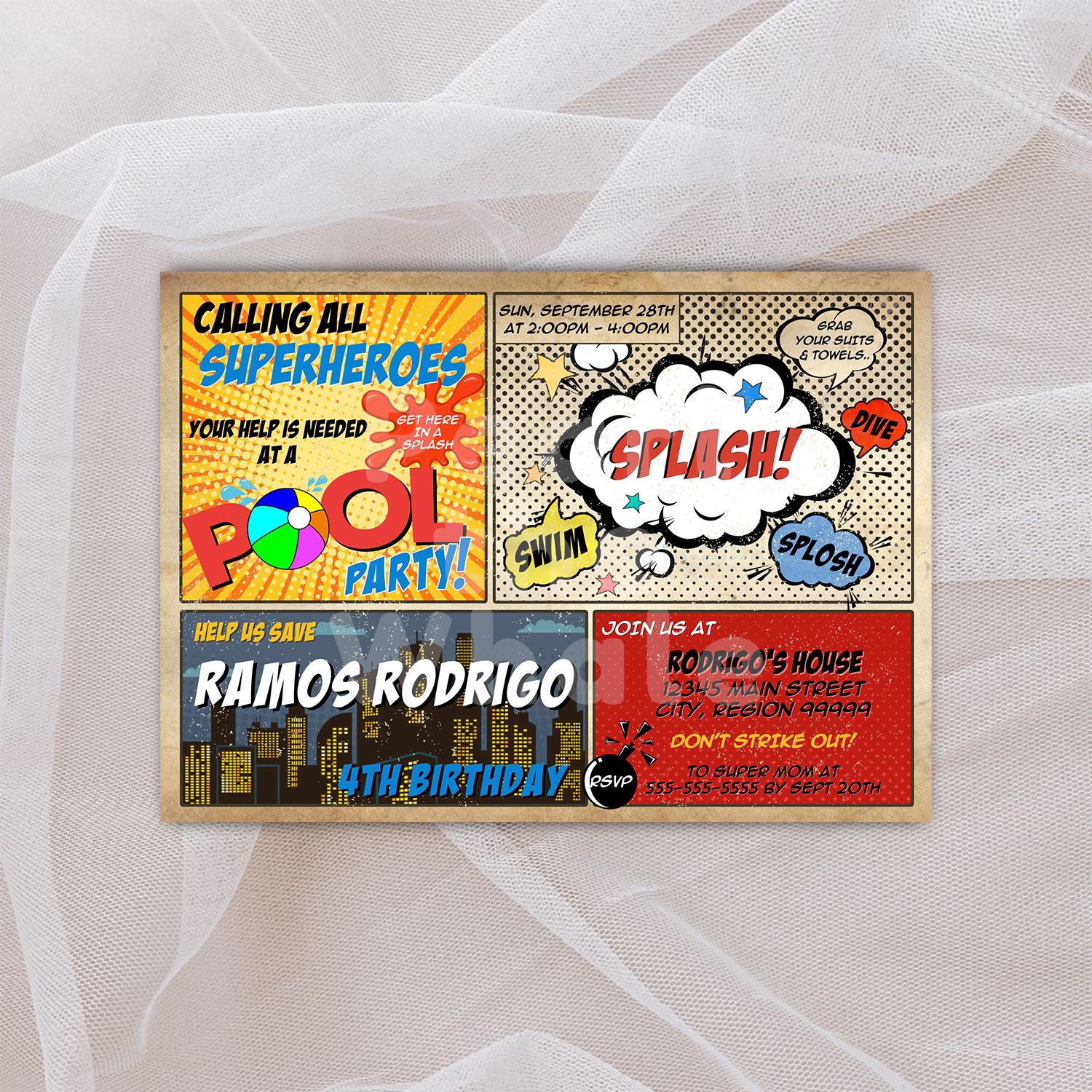 Superhero Pool Party Invitation: Comic Book Birthday (canva Template ...