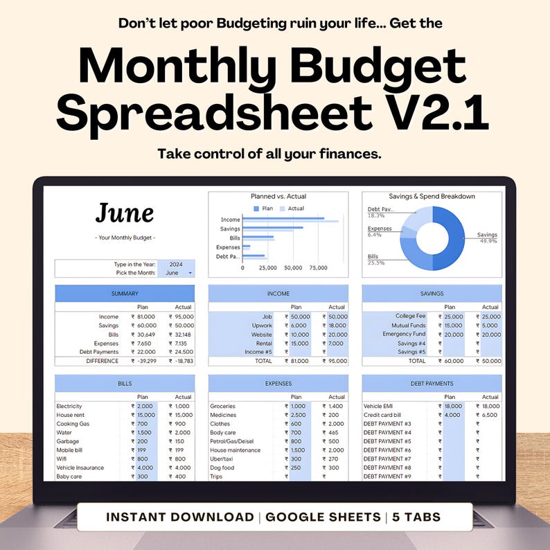 Monthly Budget Planner Spreadsheet - Etsy