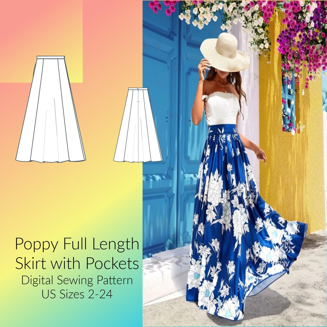 Poppy Skirt With Pockets Digital Sewing Pattern, US Sizes 2-24, DIGITAL ...