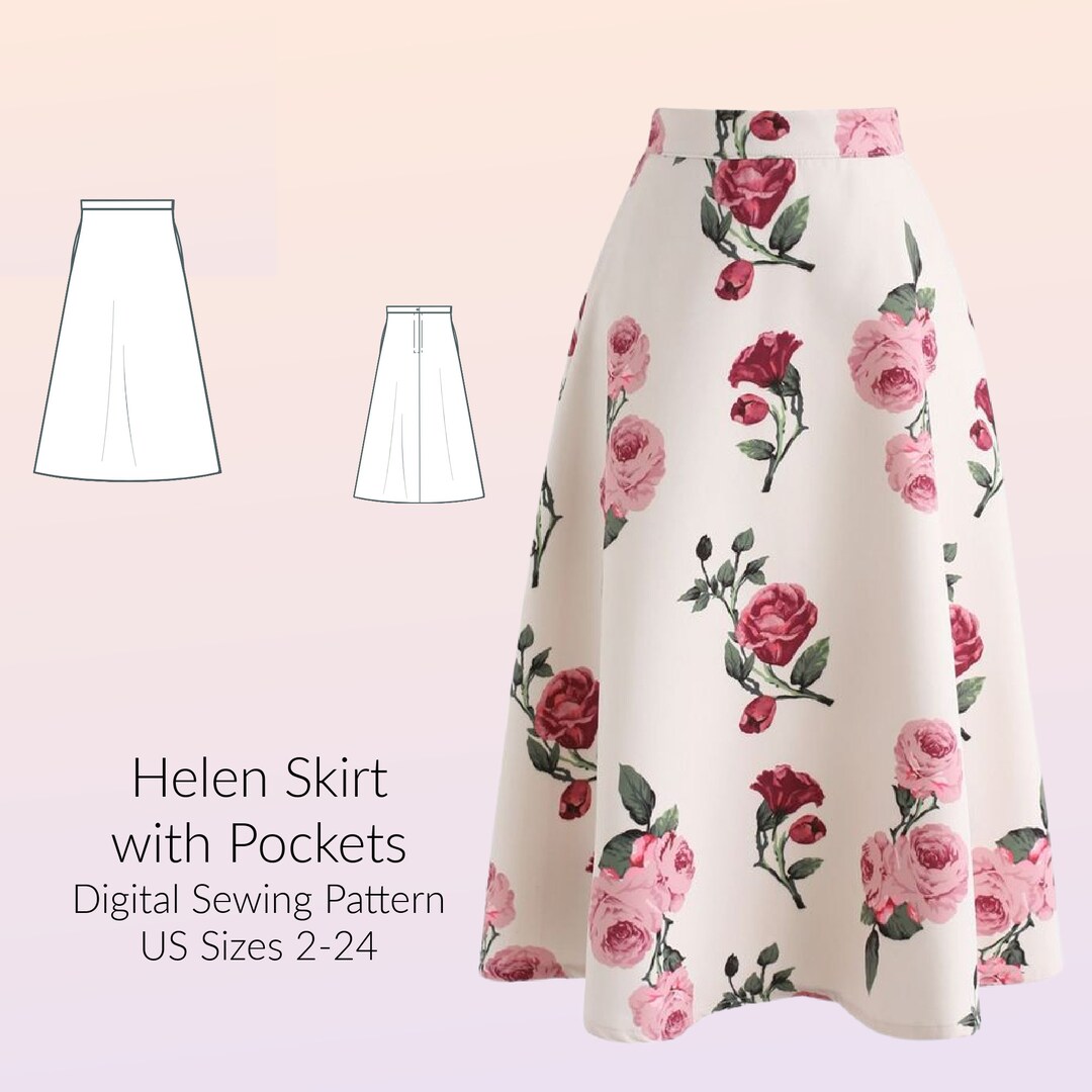 Helen Skirt With Pockets Digital Sewing Pattern, US Sizes 2-24, DIGITAL ...