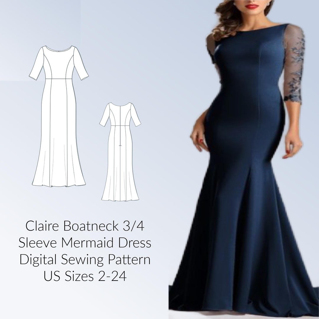 Bodycon Mermaid Dress Pattern PDF - 3/4 Sleeve Boatneck, Floor Length ...