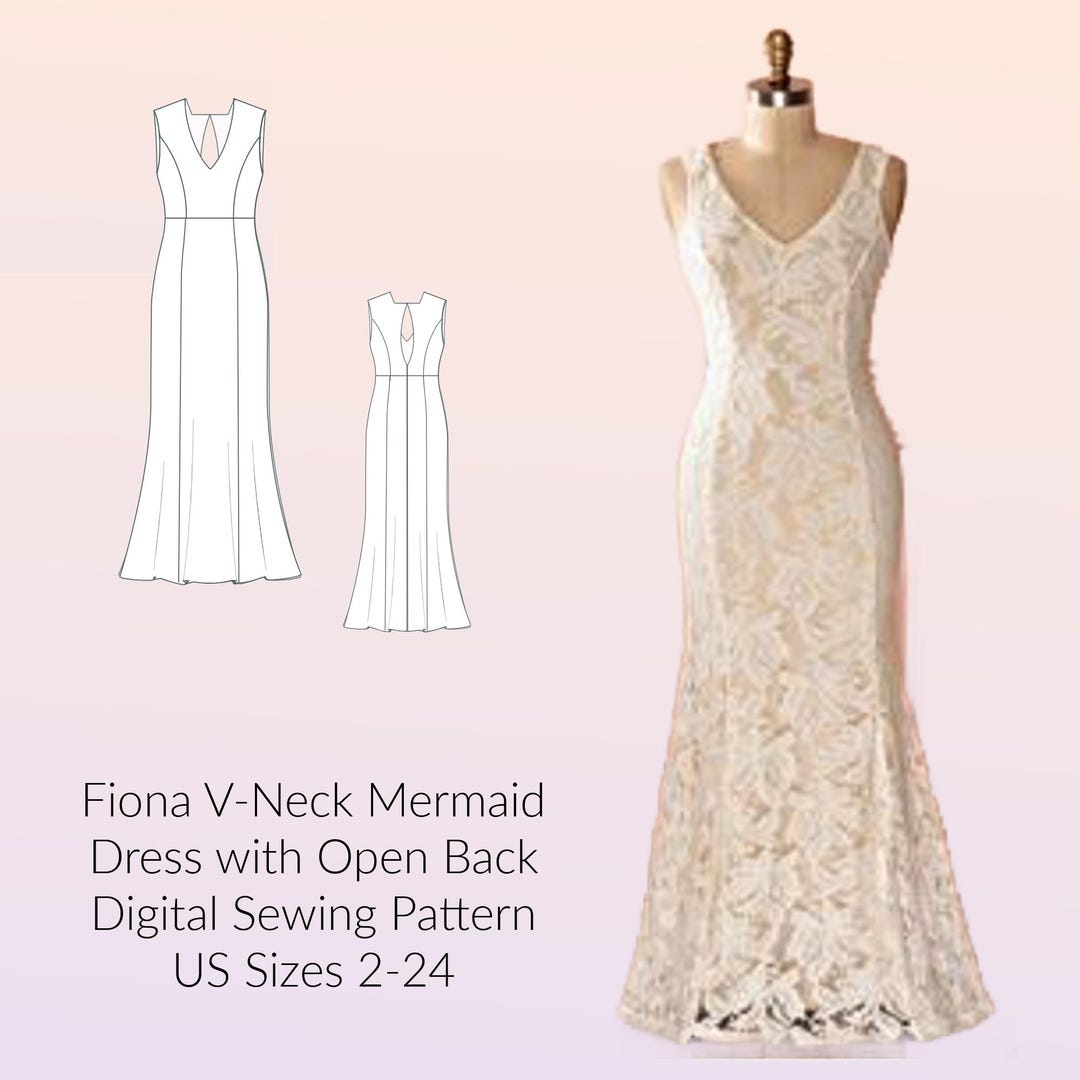 V-neck Dress, Open Back Bodycon Mermaid Dress DIGITAL Sewing Pattern ...