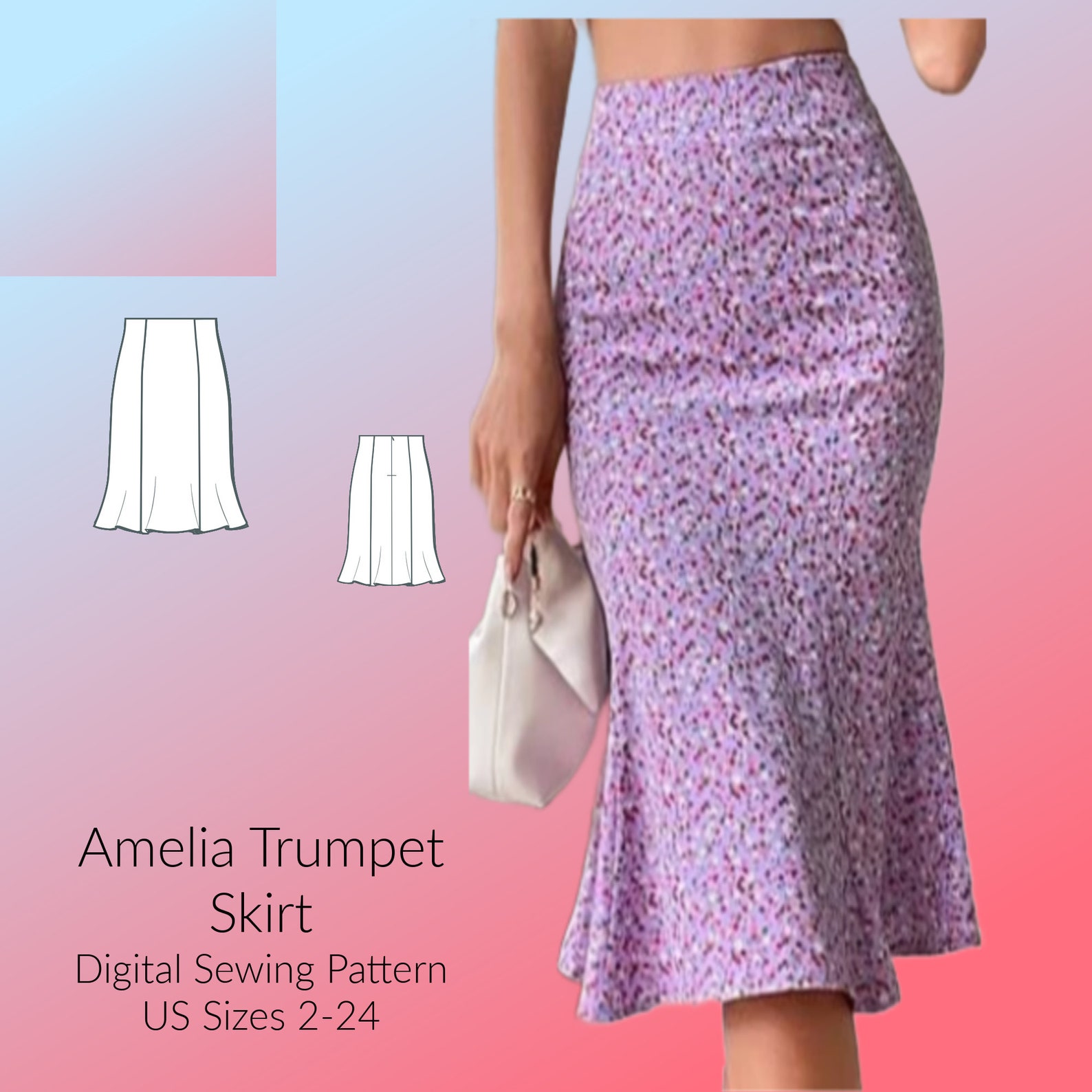 Midi Trumpet Skirt Digital Sewing Pattern, US Sizes 2-24, DIGITAL ...