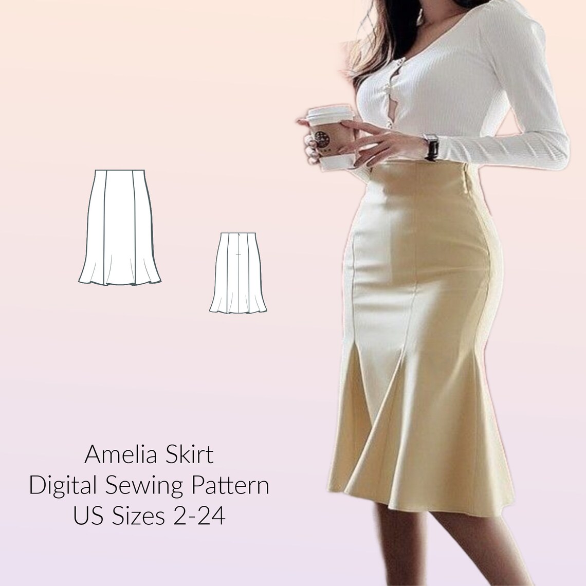 Midi Trumpet Skirt Digital Sewing Pattern, US Sizes 2-24, DIGITAL ...