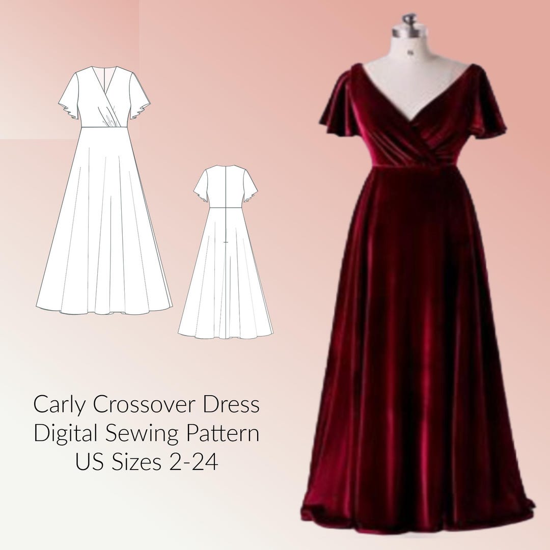 Crossover Bust Dress Pattern: Butterfly Sleeve, Floor Length, PDF ...