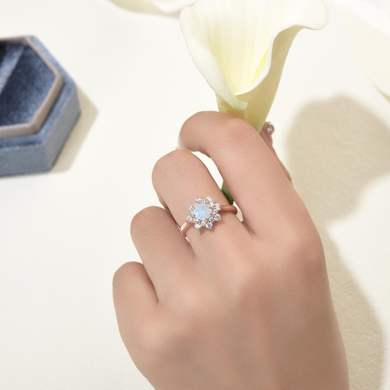 Art Deco Round Cut Opal Engagement Ring Moissanite 14K Rose Gold ...