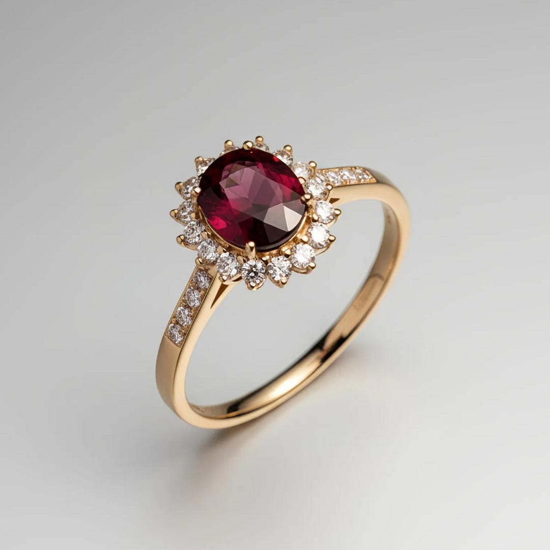 Ruby Halo Engagement Ring – 14K Gold Oval Red Gemstone Ring With ...