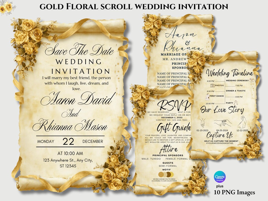 Gold Scroll Floral Wedding Invitation Template: Elegant DIY Stationery ...