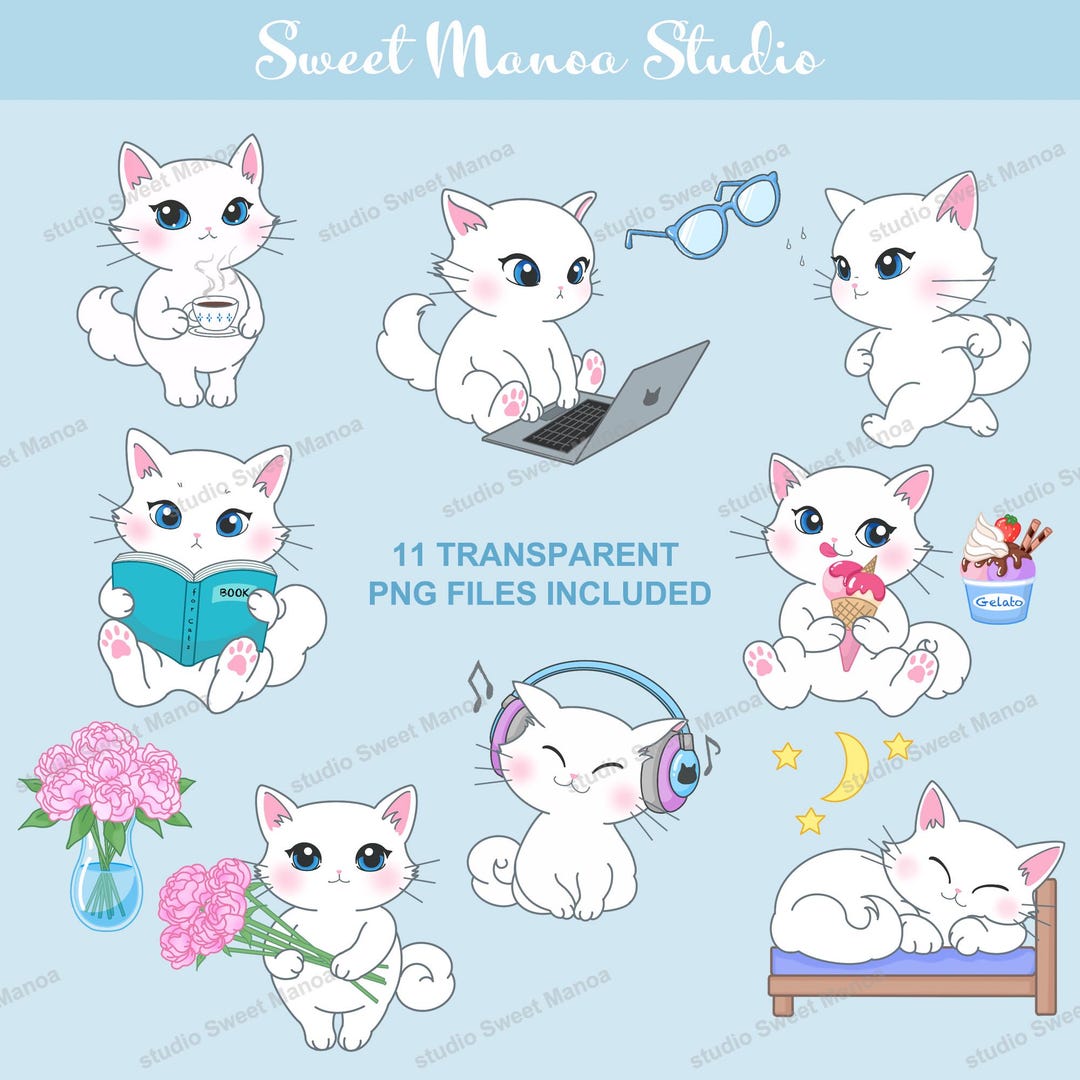 Cute White Cat Clipart, Printable Digital Stickers, Cute Kawaii White ...