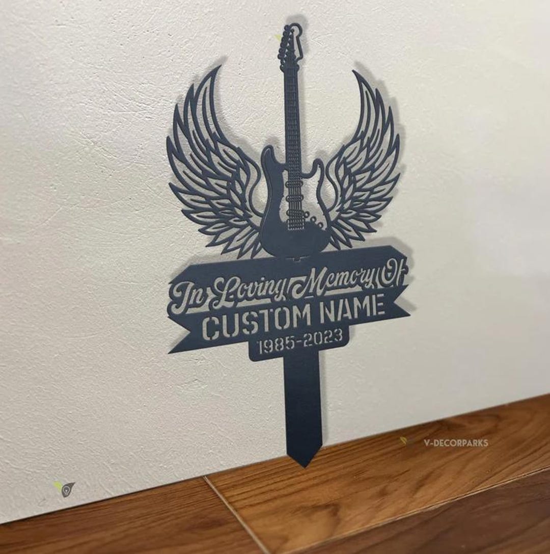 Custom Guitar Angel Wings Memorial Stake, Metal Stake, Sympathy Sign ...