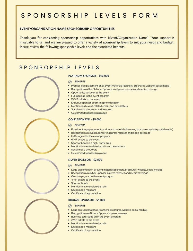 Simple Minimalist Sponsorship Levels Form Editable Template, Non-profit ...