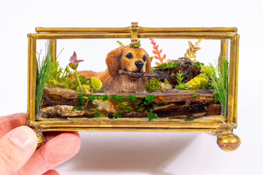 Dollhouse Miniature Golden Retriever Artist Made Resin Fish Pond Box ...