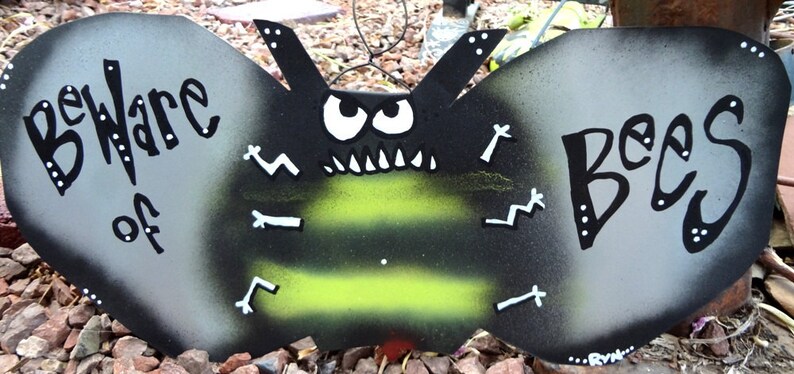 Bee Art: Beware of Bees Wacky Yard Art Metal Bee Sign | Etsy