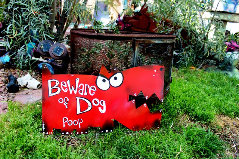 Beware of Dog Poop Sign: Red Metal Novelty Yard Art - Etsy