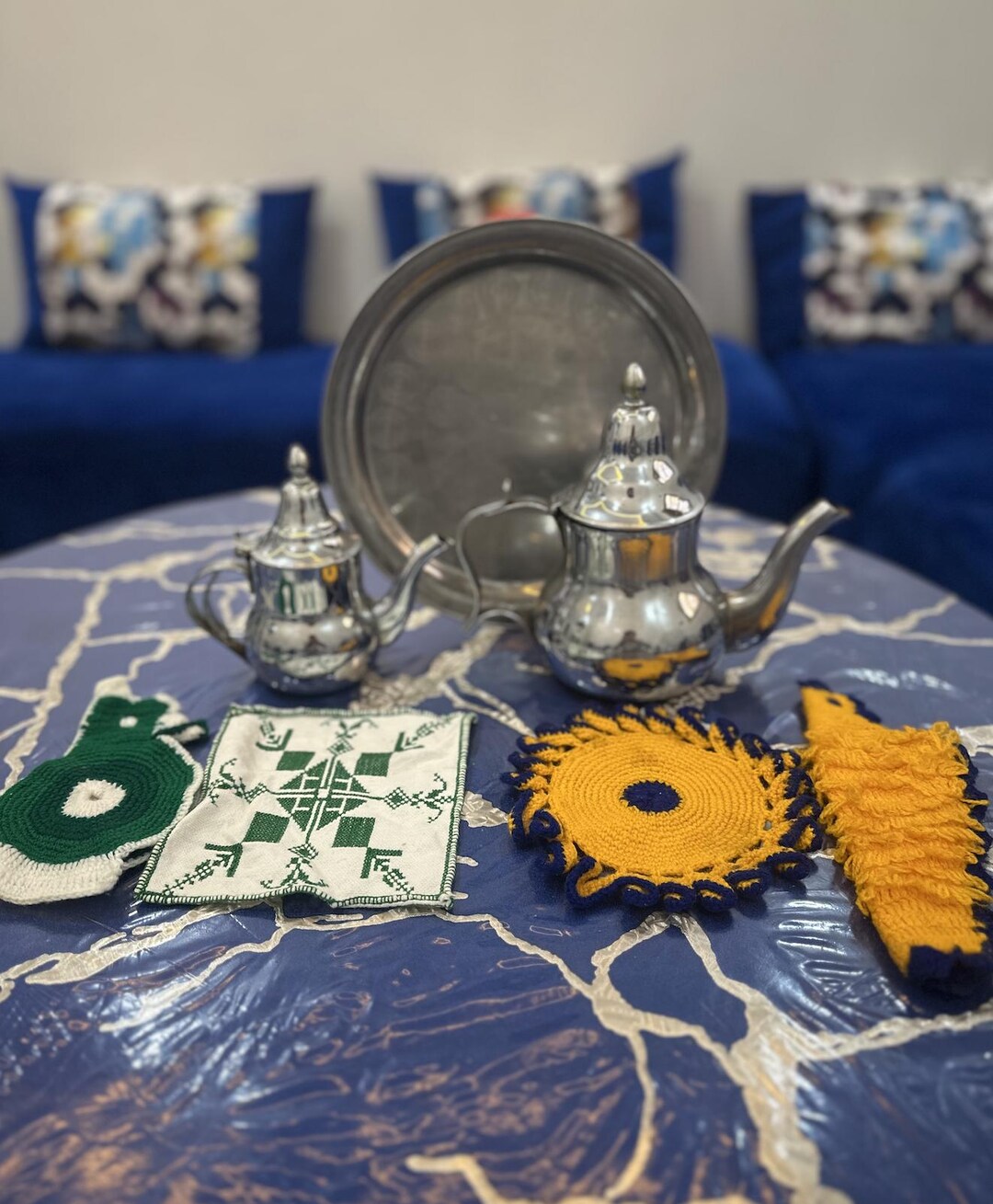 Moroccan Tea Set With Engraved Teapot & Berber Rug | Handmade Oriental ...