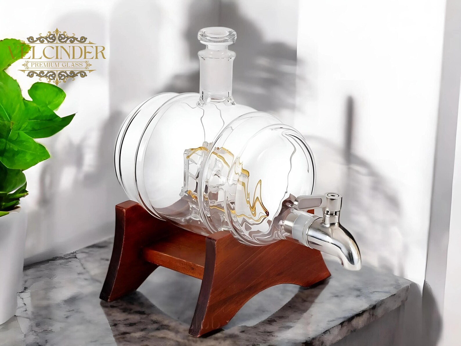 Glass Whiskey Barrel Dispenser 1000ml Decanter With Wooden Stand Unique ...