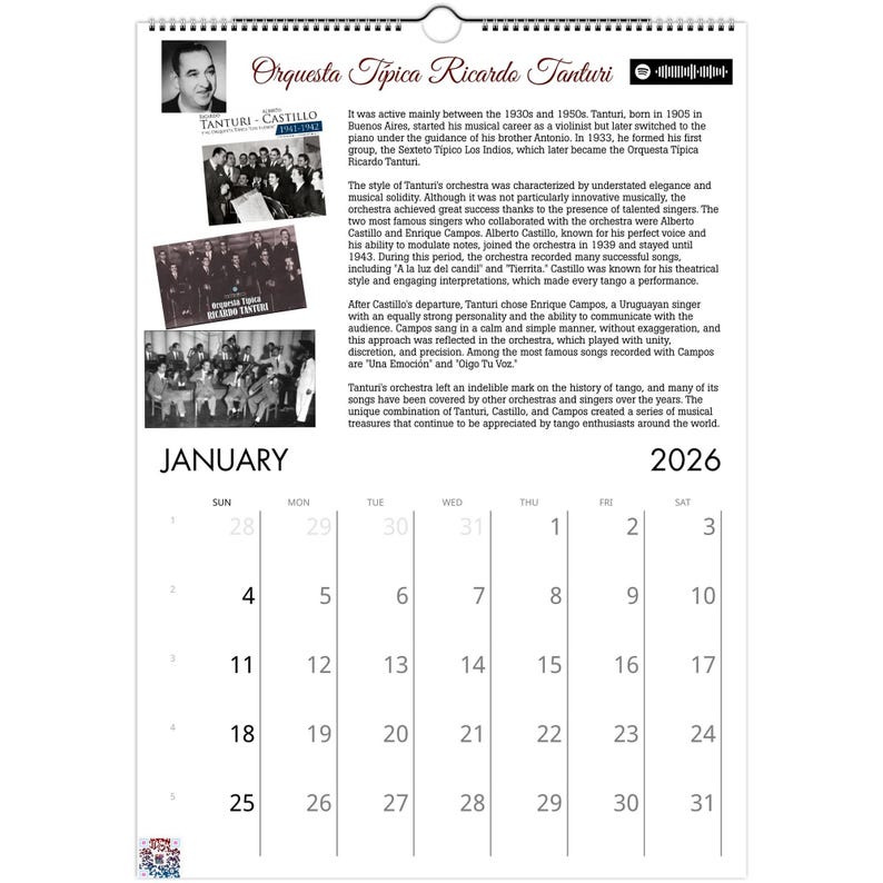 Tango Orquestras Calendar 2026, Gift for Tangueros, Tango Dancer and ...