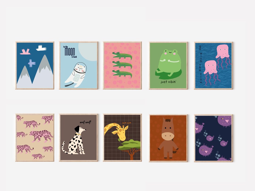 10 Cute Animal Poster Set | Eclectic Kids Room Wall Art | Playful ...