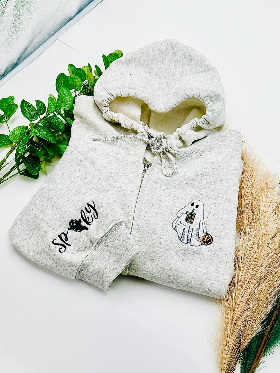 Halloween Ghost Pumpkin Embroidered Zip up Hoodie, Autumn Clothing ...