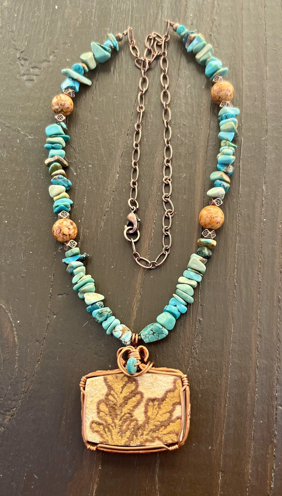 Dendritic Limestone Pendant and Turquoise Necklace - Etsy