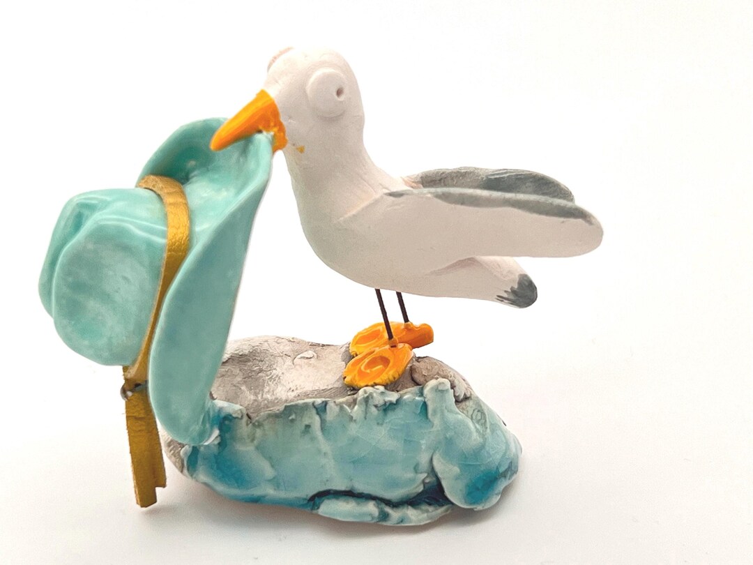 Miniature Handmade Whimsical Seagull Sculpture Stealing Aqua Cowboy Hat ...