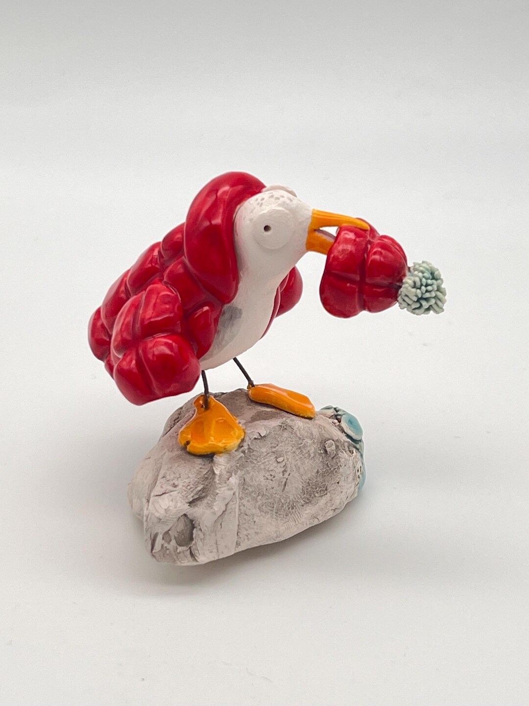 Miniature Handmade Sculpture of Seagull in Red Winter Puffer Coat ...