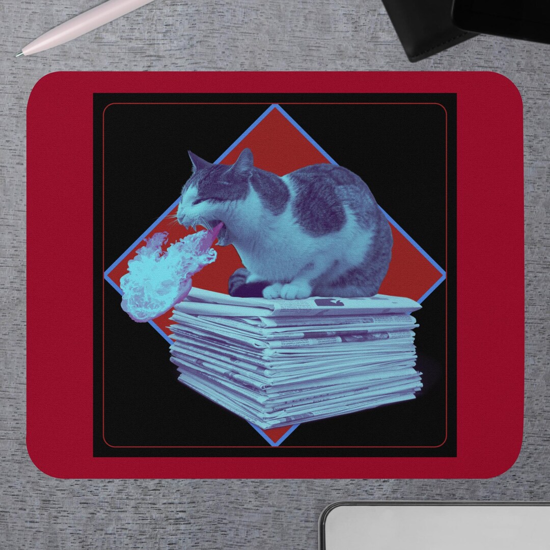 Blue and Red Fire Breathing Cat on Newspaper Mouse Pad - Etsy