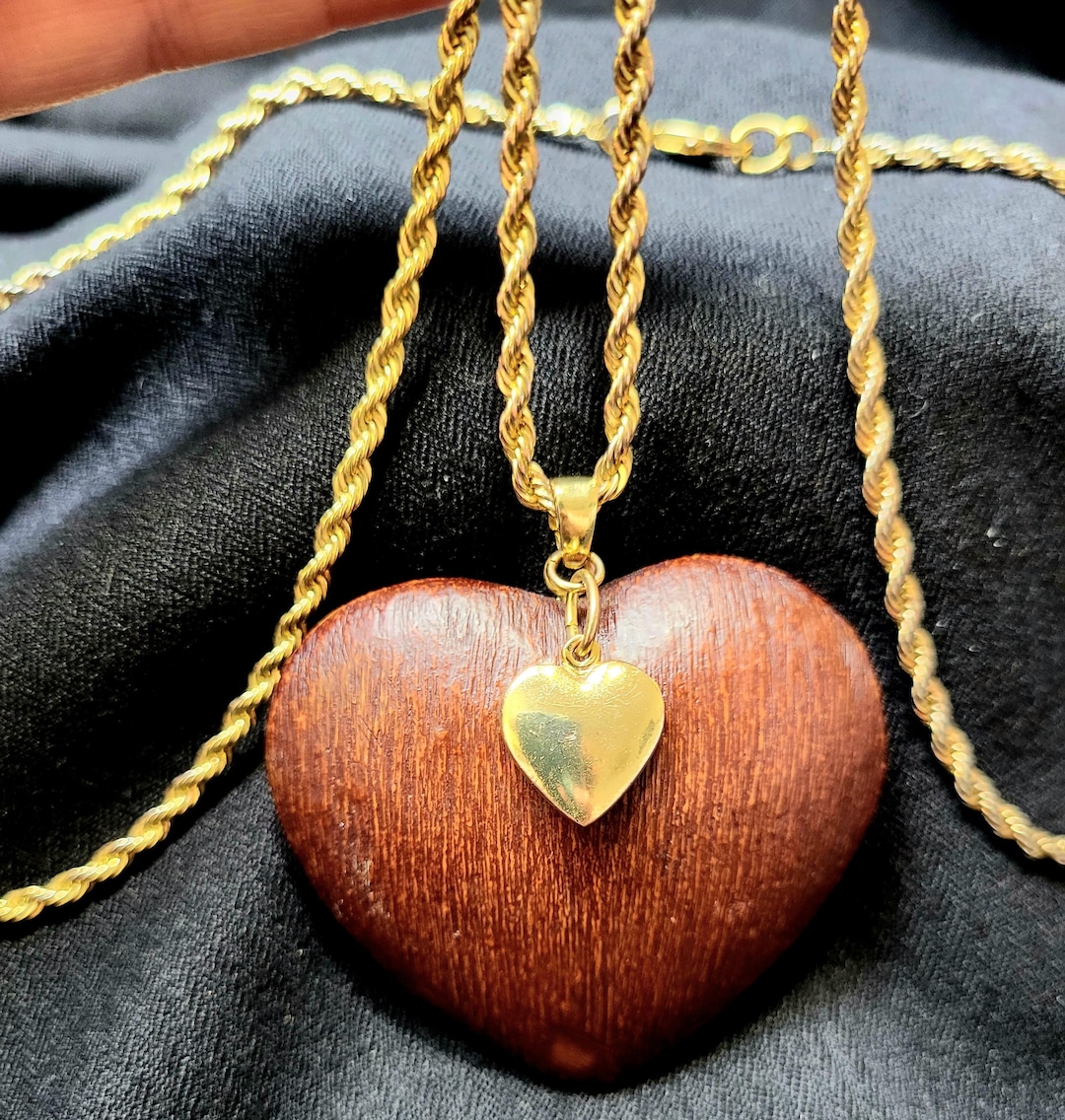 Vintage 70s Chain With Wood Heart Pendant and Gold-plated Copper Heart ...